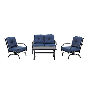 Festival Depot 4 pc Patio Conversation Set Metal Armchairs Loveseat and Coffee Table with Thick Cushions Outdoor Furniture for Garden Deck Bistro (Blue)