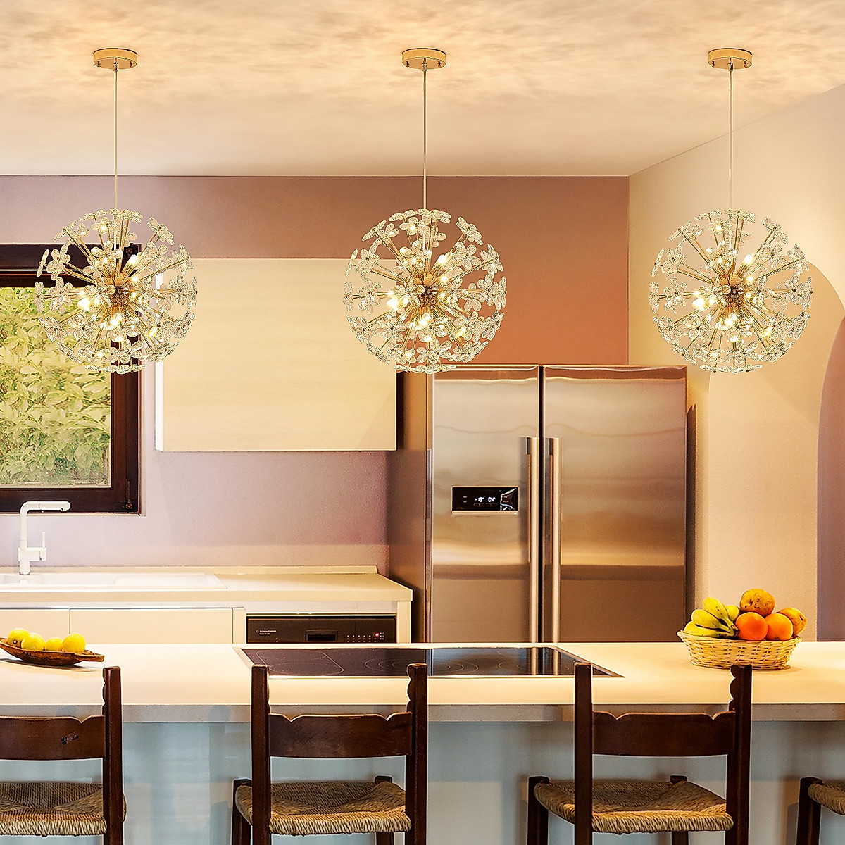 Shrine LIGHTING Dandelion Crystal Chandeliers, Modern Design, Firework Pendant Light Fixture for Living Space, H17'' x D17'', Adjustable Chains 59'', G9*9 Sockets, Brilliant Gold Finish Frame