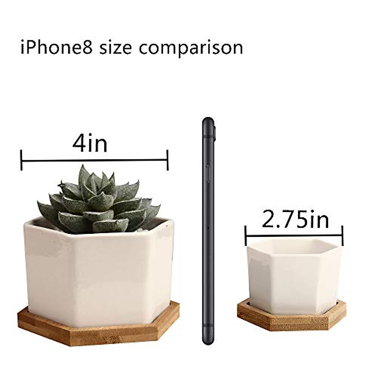 OAMCEG 6 Pack Succulent Plant Pots 2.75 inch Mini Succulent Planter, Set of 6 White Ceramic Succulent Cactus Planter Pots with Bamboo Tray (Plants NOT Included)