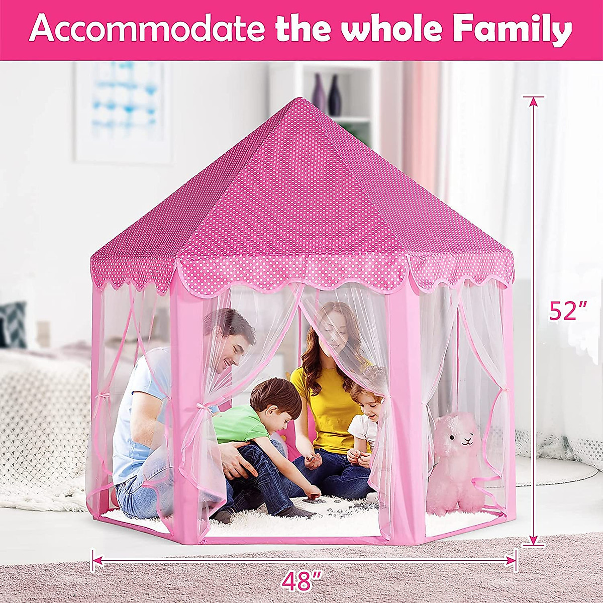 wilwolfer Princess Castle Play Tent for Girls Large Kids Play Tents Hexagon Playhouse with Star Lights Toys for Children Indoor Games (Pink)