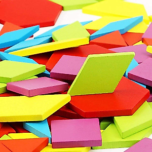 KanCai 155PCS Wooden Pattern Blocks Set Geometric Shape Puzzles Classic Educational Toys Tangrams Set for Kids Ages 3-8 with 24 Pcs Design Cards