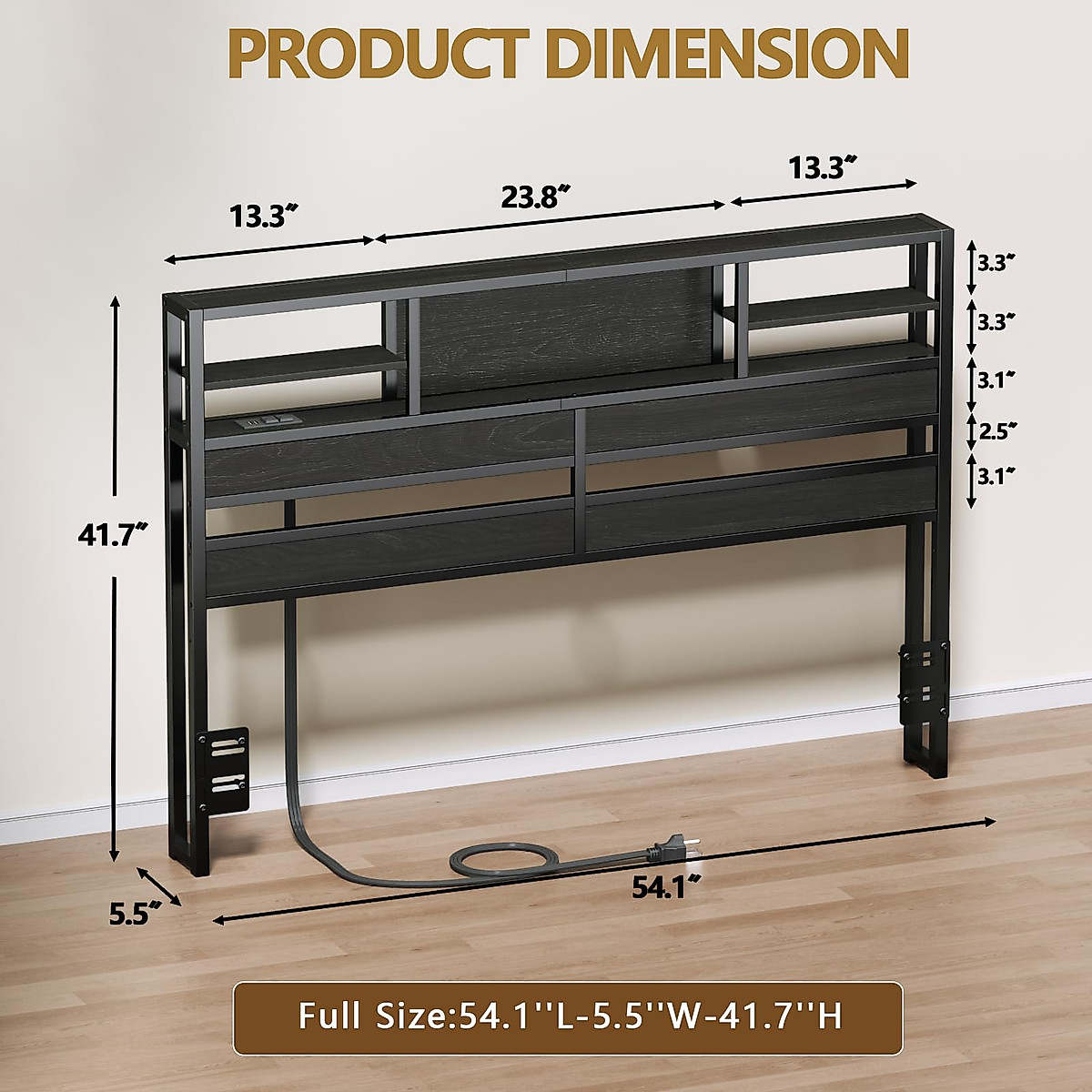 Furnulem Headboard Full Size with 3-Tier Shelf, Bookcase Storage Head Board with RGB LED Light and Charging Station,2 Outlets and 2 USB Ports,Black Wood Storage Cubbies & Metal Frame,Adjustable Height