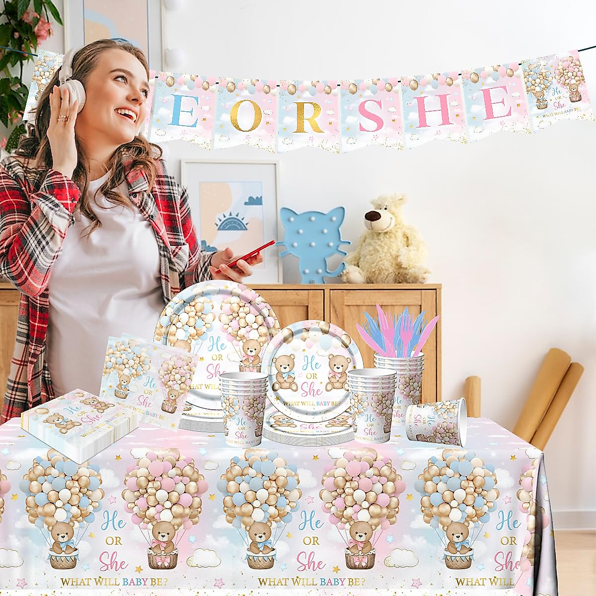 Gender Reveal Decorations, Bear Themed Gender Reveal Plates And Napkins for What Will Baby Be Pink Blue Baby Shower, He or She Gender Reveal Balloon Party Favors