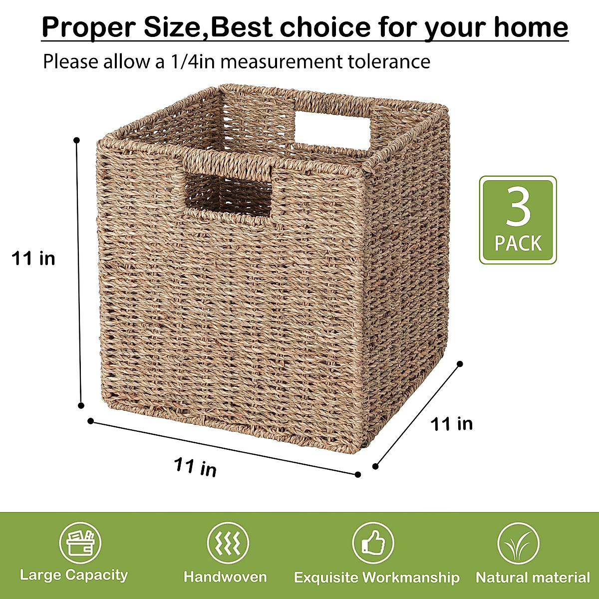 11x11x11in Seagrass Storage Baskets, Woven Baskets for Storage, Large Cube Wicker Storage Basket for Shelves Set of 3, Wicker Storage Basket, Bedroom, Living Room