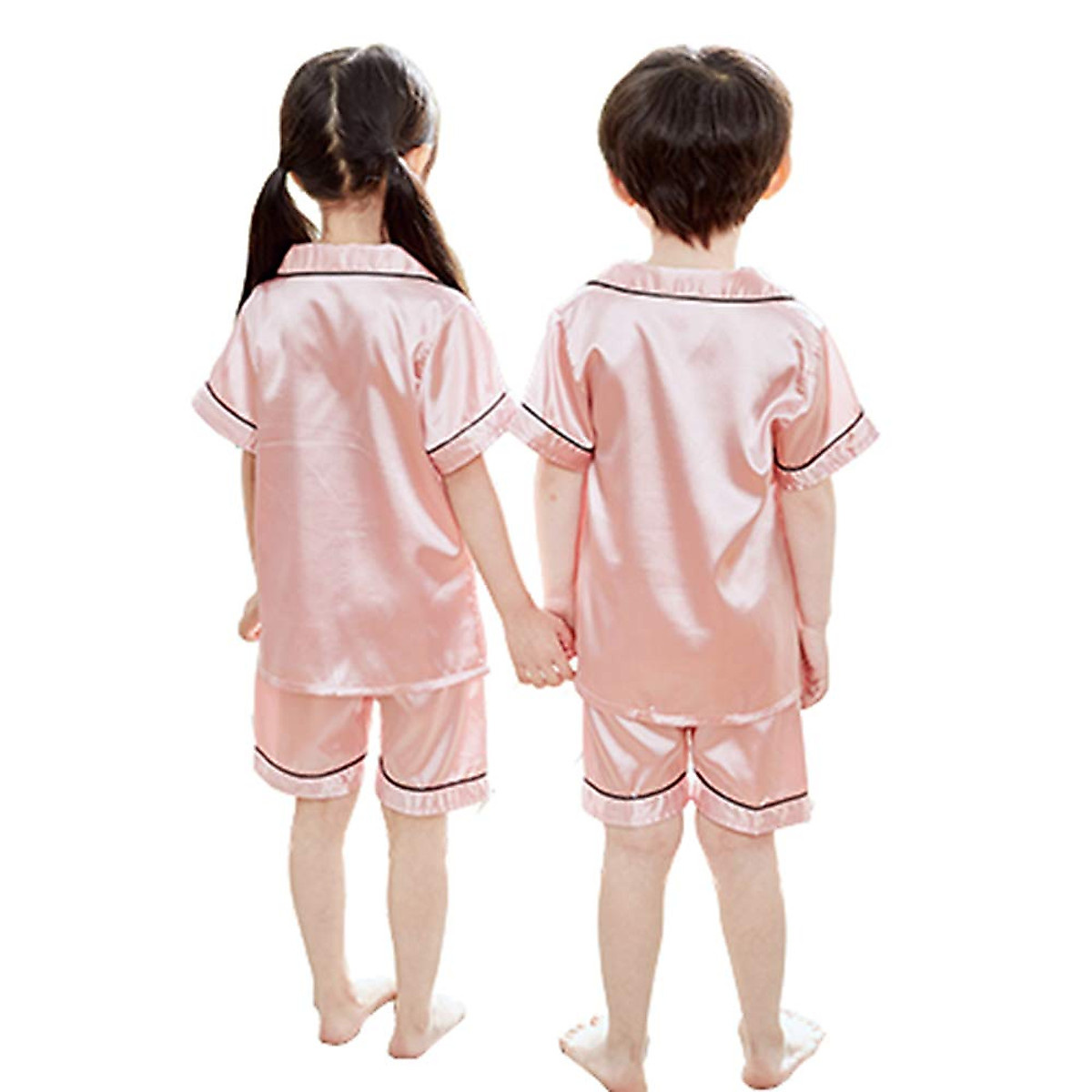 Digirlsor Little Boys Girls Short Satin Pajamas Set Classic Silk Pjs Toddler Kids 2 Piece Sleepwear Button-Down Short Sleeve Pink, Tag16/11-12 years/ Height 140-150cm