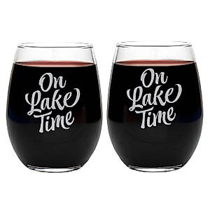 On Lake Time - Lake House Wine Glasses, Lakehouse Decor for the Home, Lake House Gifts, Set of 2