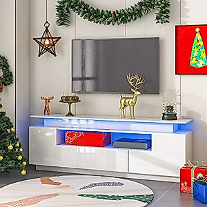 Modern LED TV Stand for 75 inch TV, White Entertainment Center with LED Lights and 4 Storage Cabinets, High Gloss Media TV Console with Drawer for Living Room, Bedroom