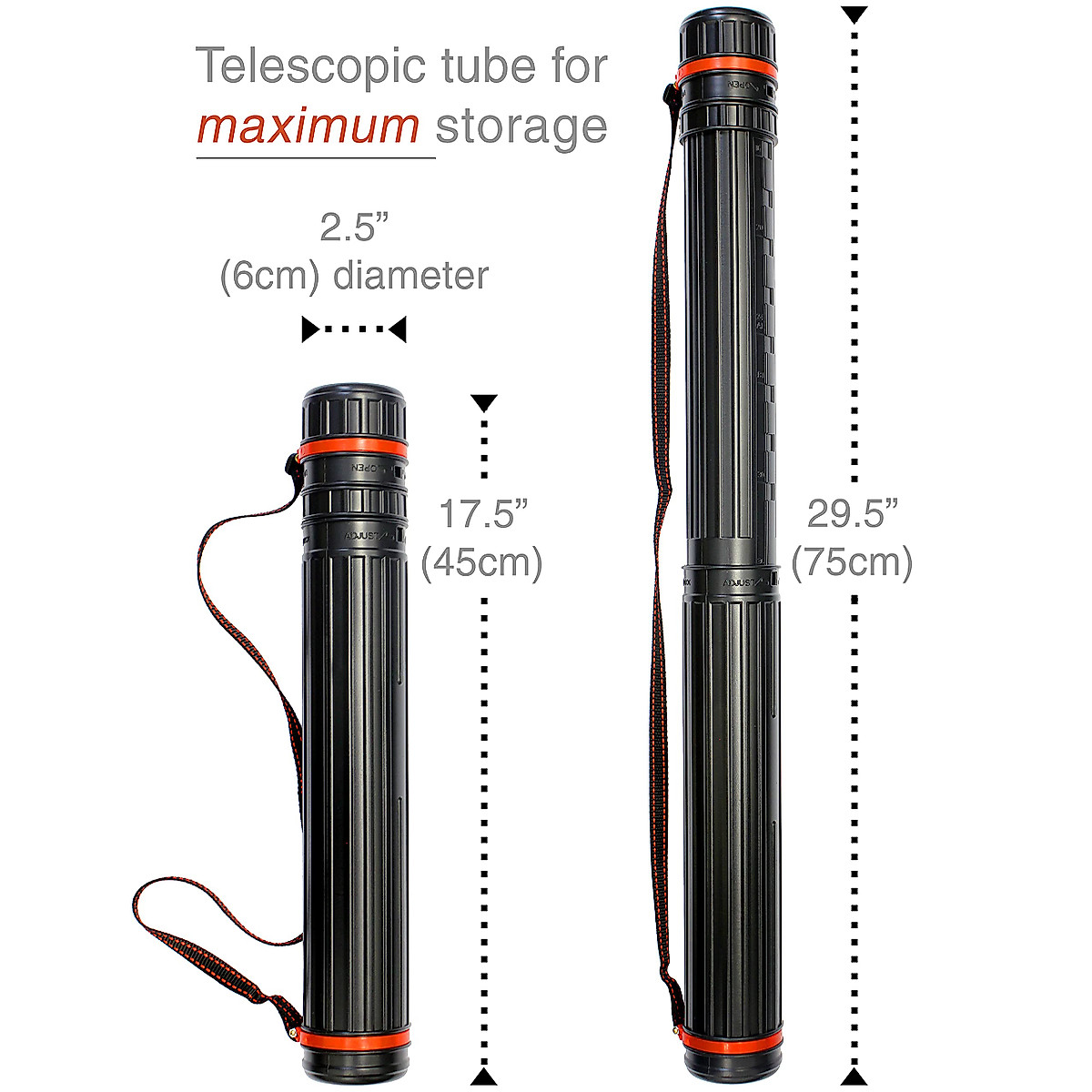 VViViD 17.5” - 29.5” inch Black Telescoping Storage Tube, with Carrying Strap, for Posters, Documents, Art, Blueprints, and More