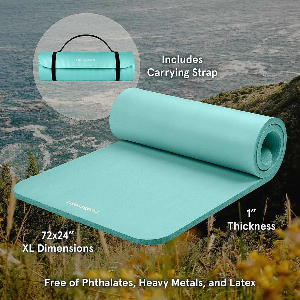 Retrospec Solana Yoga Mat 1" Thick w/Nylon Strap for Men & Women - Non Slip Exercise Mat for Home Yoga, Pilates, Stretching, Floor & Fitness Workouts - Blue Lagoon