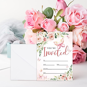 AnyDesign 20 Sets Butterfly Pink Floral Invitation with Envelopes Stickers 5 x 7 Inch Watercolor Flower Invitation Cards Blank Invites for Wedding Bridal Baby Shower Birthday Dinner Party