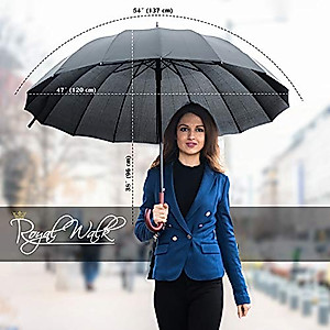 Royal Walk Windproof Large Umbrella for Rain 54 Inch Automatic Open for 2 Persons Wind Resistant Big Golf Umbrellas for Adult Men Women Classic Wooden Handle Fast Drying Strong 16 Ribs Travel 120cm