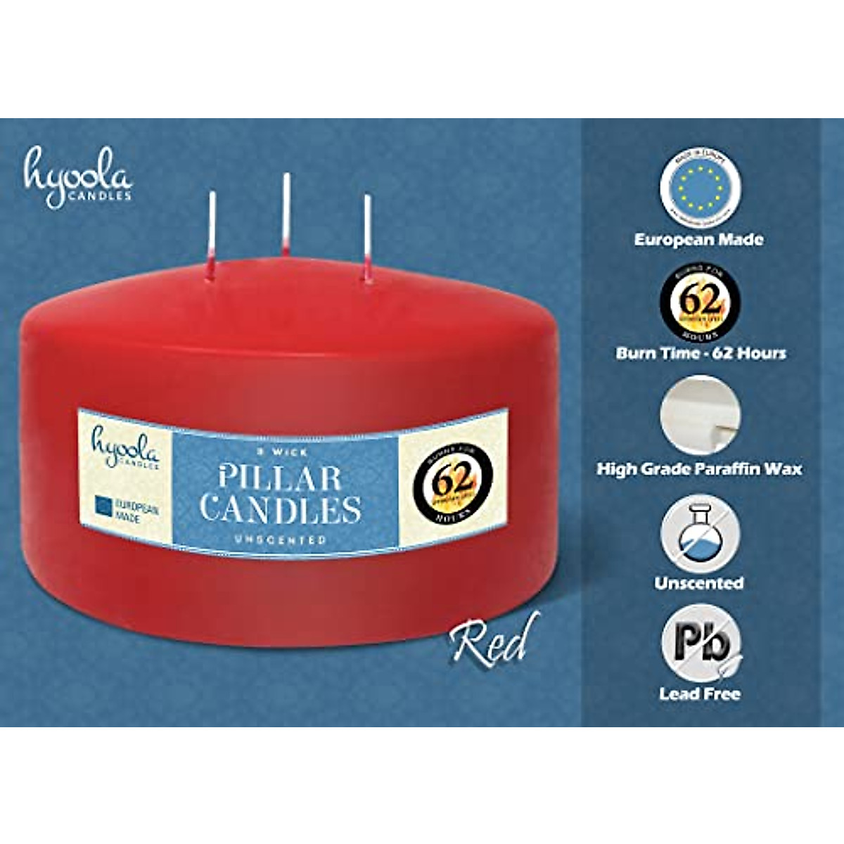 HYOOLA Red Three Wick Large Candle - 6 x 3 Inch - Unscented Big Pillar Candles - 62 Hour - European Made