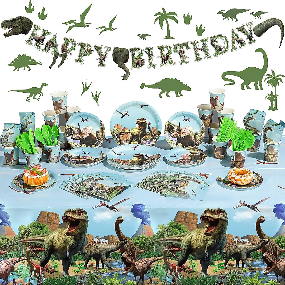 Seewey 171 Pieces Dinosaur Party Supplies Jurassic Happy Birthday Party Decorations Dinosaur Theme Birthday Tableware Tablecloth Dino Plates Napkins Cup Forks Banner for 24 Guests