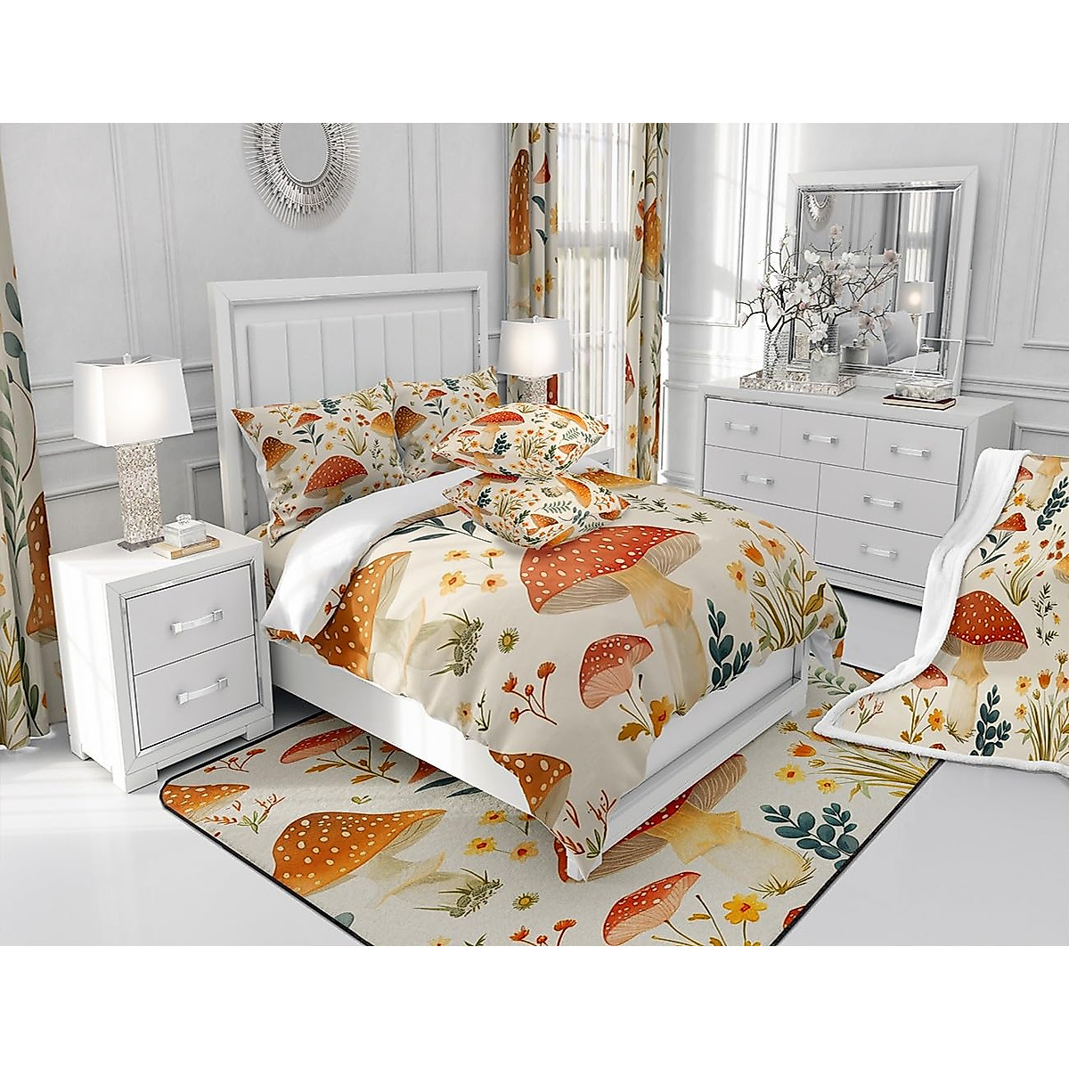 Feelyou Mushroom Bedding Set Natural Wild Fungus Duvet Cover for Kids Boys Girls Plant Botanical Boho Comforter Cover Wild Mushroom Bedspread Cover Queen Size