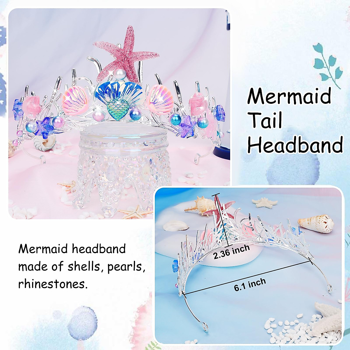 YARIEW Mermaid Crown Birthday Decorations, Costume, Tail Starfish Scales Seashell Hair Accessories for Women and Girls, Wide Headband, Party Gifts