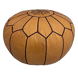 KESHMARK Luxury Handcrafted Moroccan Leather Pouf - Boho Chic Ottoman Seat & Footstool for Living Room Decor - Foot Rest - Round Ottoman (Light Tan with Brown Thread, Cover)