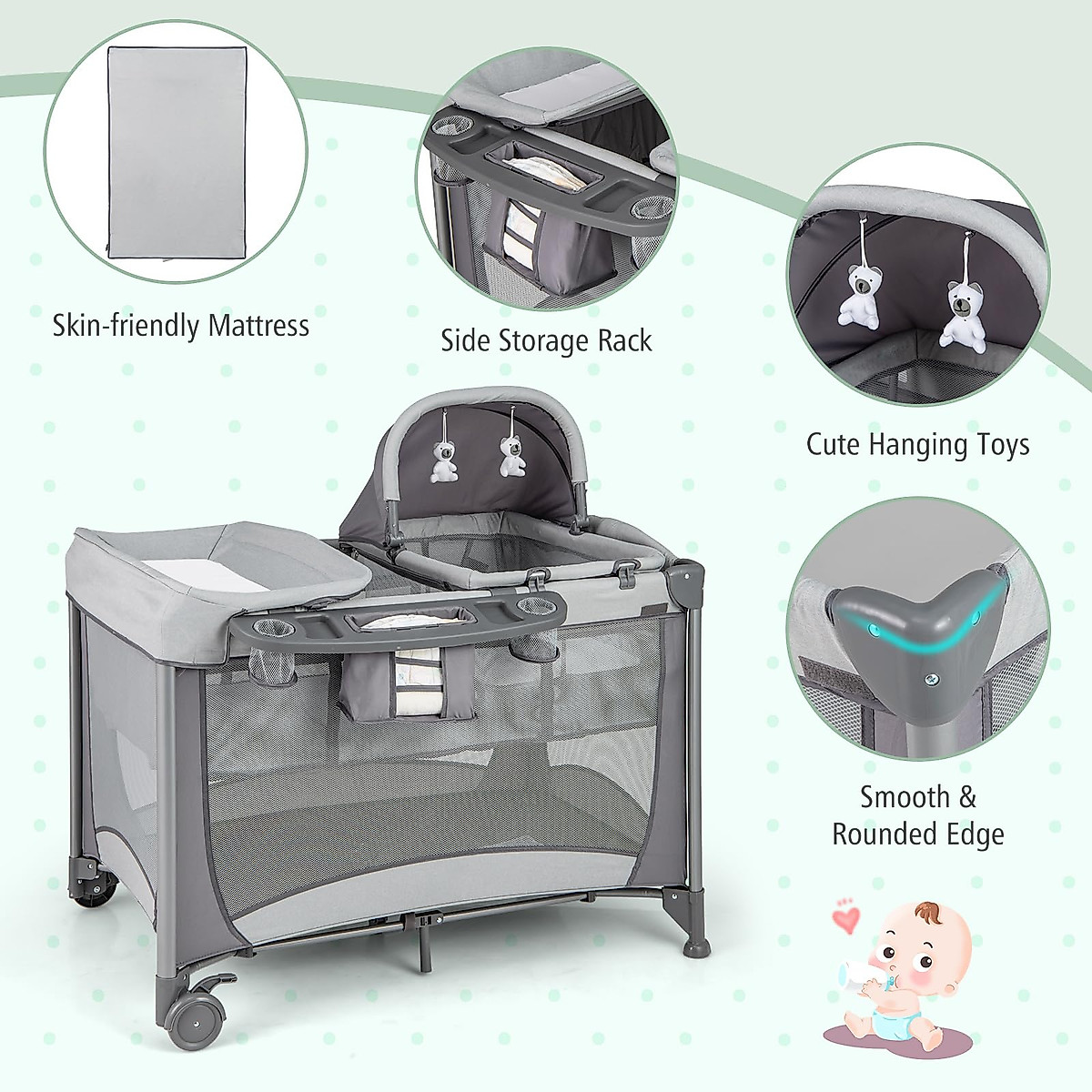 HONEY JOY Pack and Play with Bassinet, 4-in-1 Baby Playard with Changing Table & Removable Infant Full-Size Bassinet, Diaper Storage Basket & Music, Foldable Nursery Center w/Carry Bag (Gray)