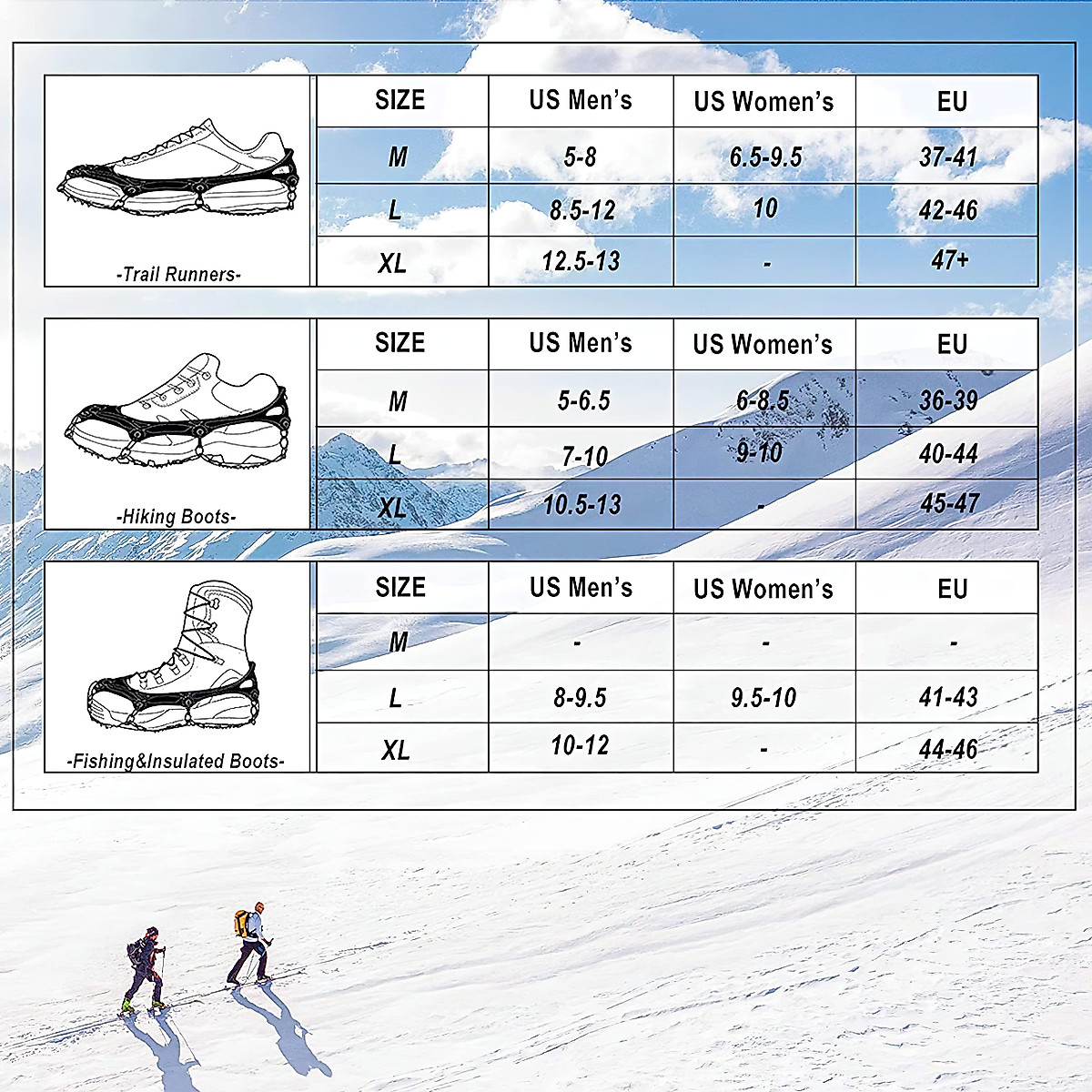 Piscorush 24 Spikes Crampons Ice Cleats Traction Snow Grips Boot Chains Women Men Kids for Hiking Shoes and Boots Steel Anti Slip Hiking Fishing Walking Mountaineering (Black, Large)