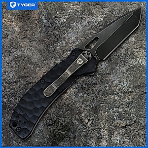 Tyger K4 EDC Folding Pocket Knife | Stone-washed AUS-8 Steel Blade with Black Titanium Ion Carbide Coating | Black G-10 Handle | TG-KF7A2858