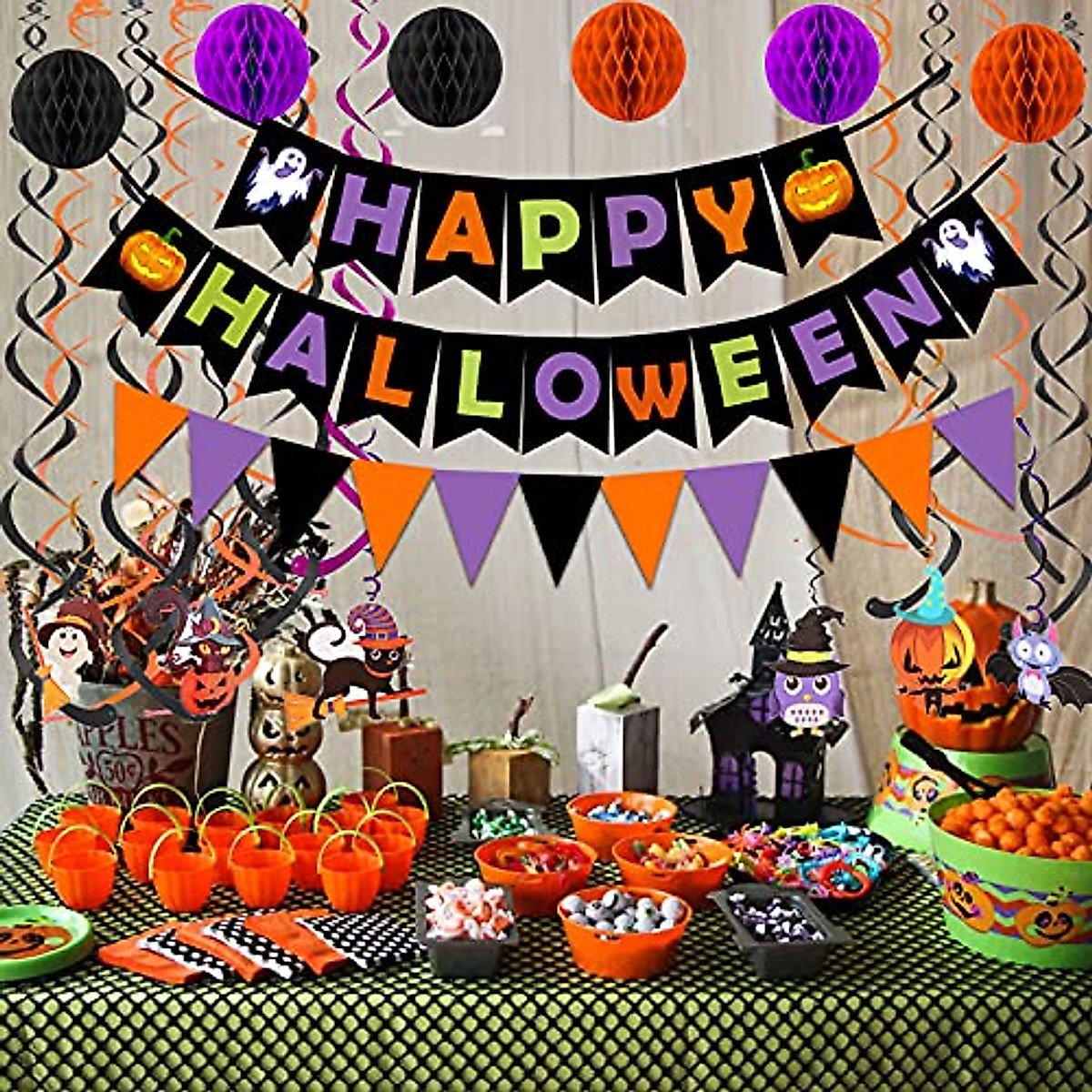 Happy Halloween Banner Paper Triangle Flag Bunting Circle Confetti Dots Hanging Garland Honeycomb Ball Swirl Streamers for Halloween Party Decorations