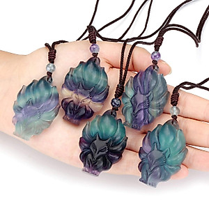 MANIFO Natural Crystal Gemstone Fox Pendant Necklace with Adjustable Woven Rope Chain (Fluorite)
