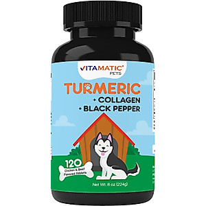 Vitamatic Turmeric for Dogs Anti Inflammatory Pain Relief - 120 Chewable Tablets - Hip & Joint Support Anti Inflammatory for Dogs with Curcumin, Collagen & Black Pepper