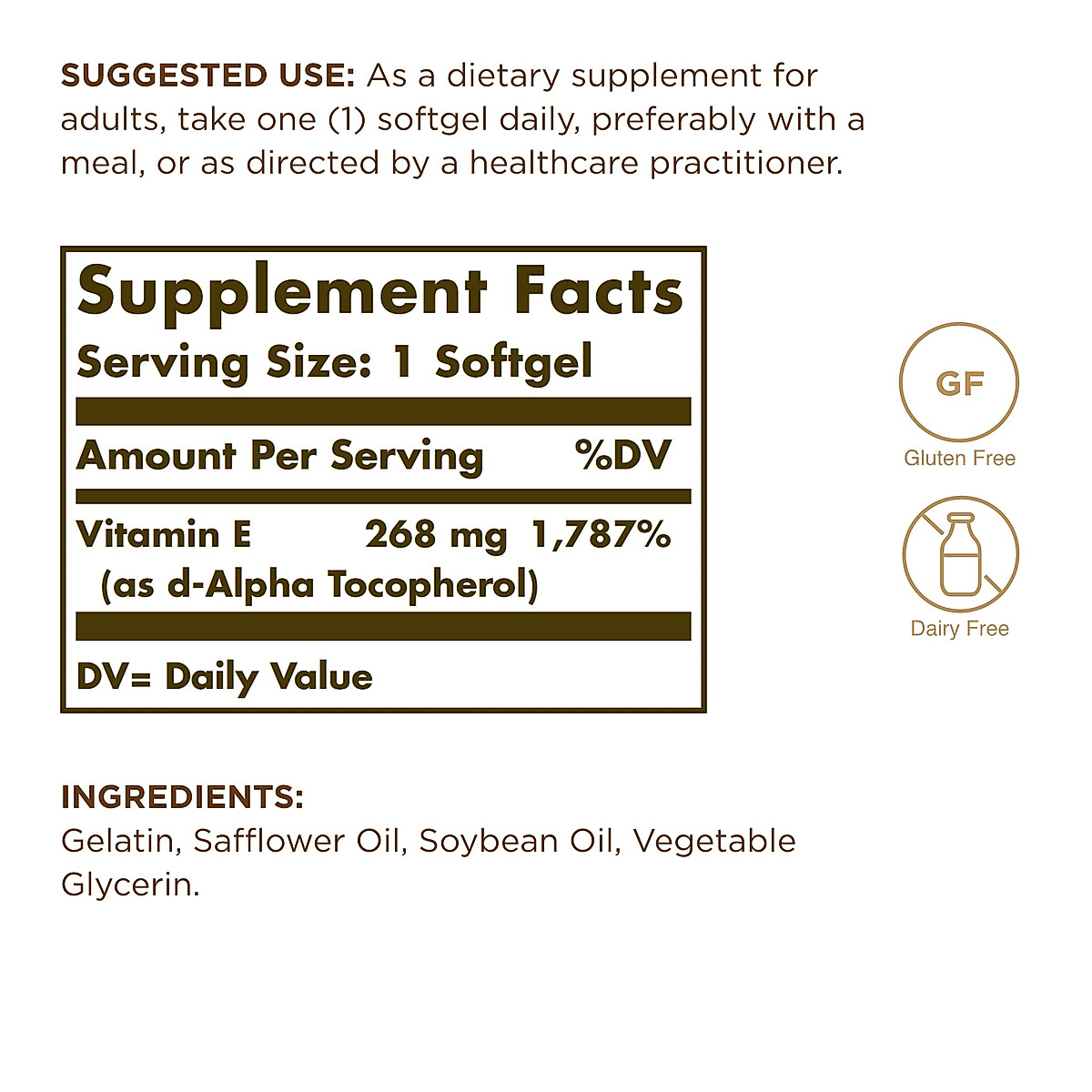 SOLGAR Vitamin E 268 mg (400 IU) - 250 Softgels - Naturally-Sourced Vitamin E as d-Alpha Tocopherol - Gluten Free, Dairy Free - 250 Servings