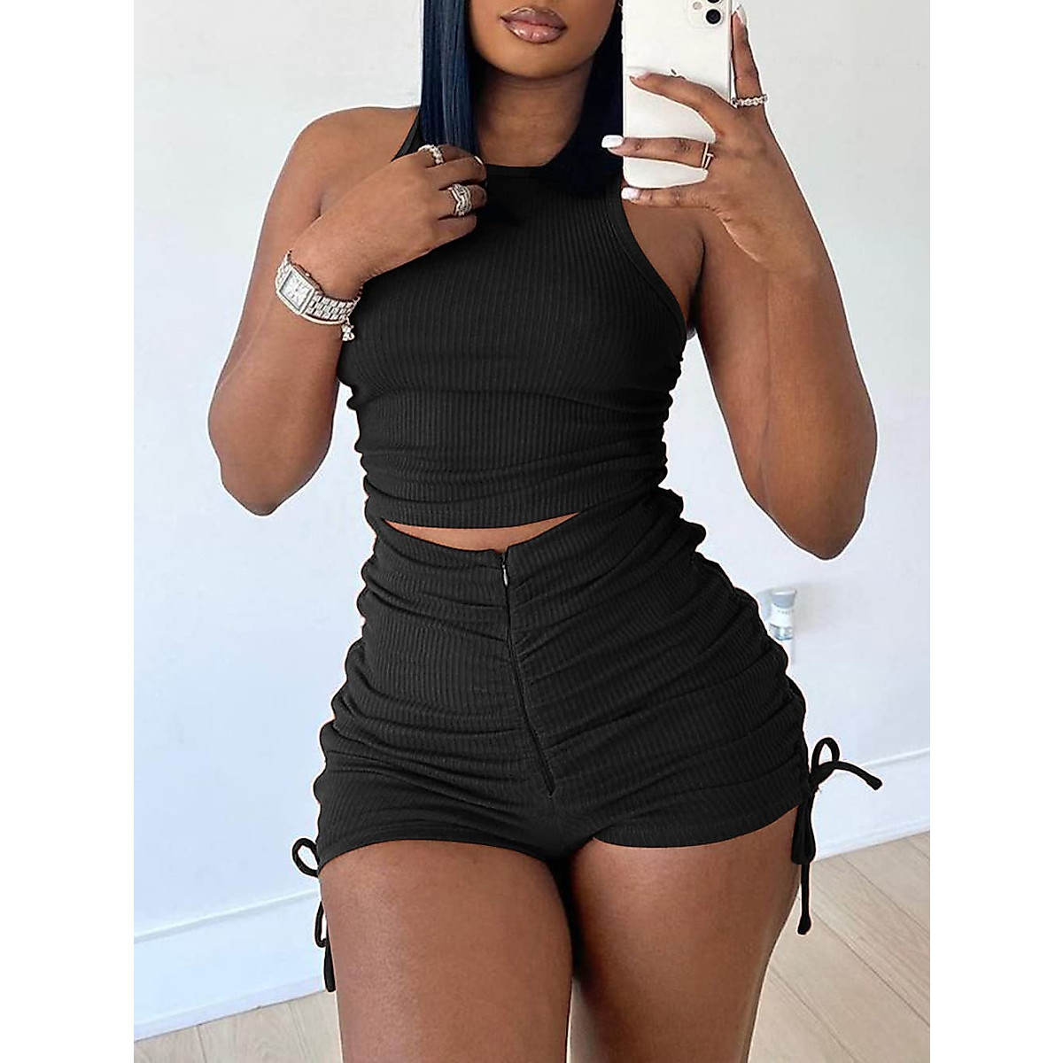 Workout Sets for Women 2 Piece Outfits Sexy Ribbed Crop Tank Top Drawstring High Waist Shorts Summer Short Set Black XL
