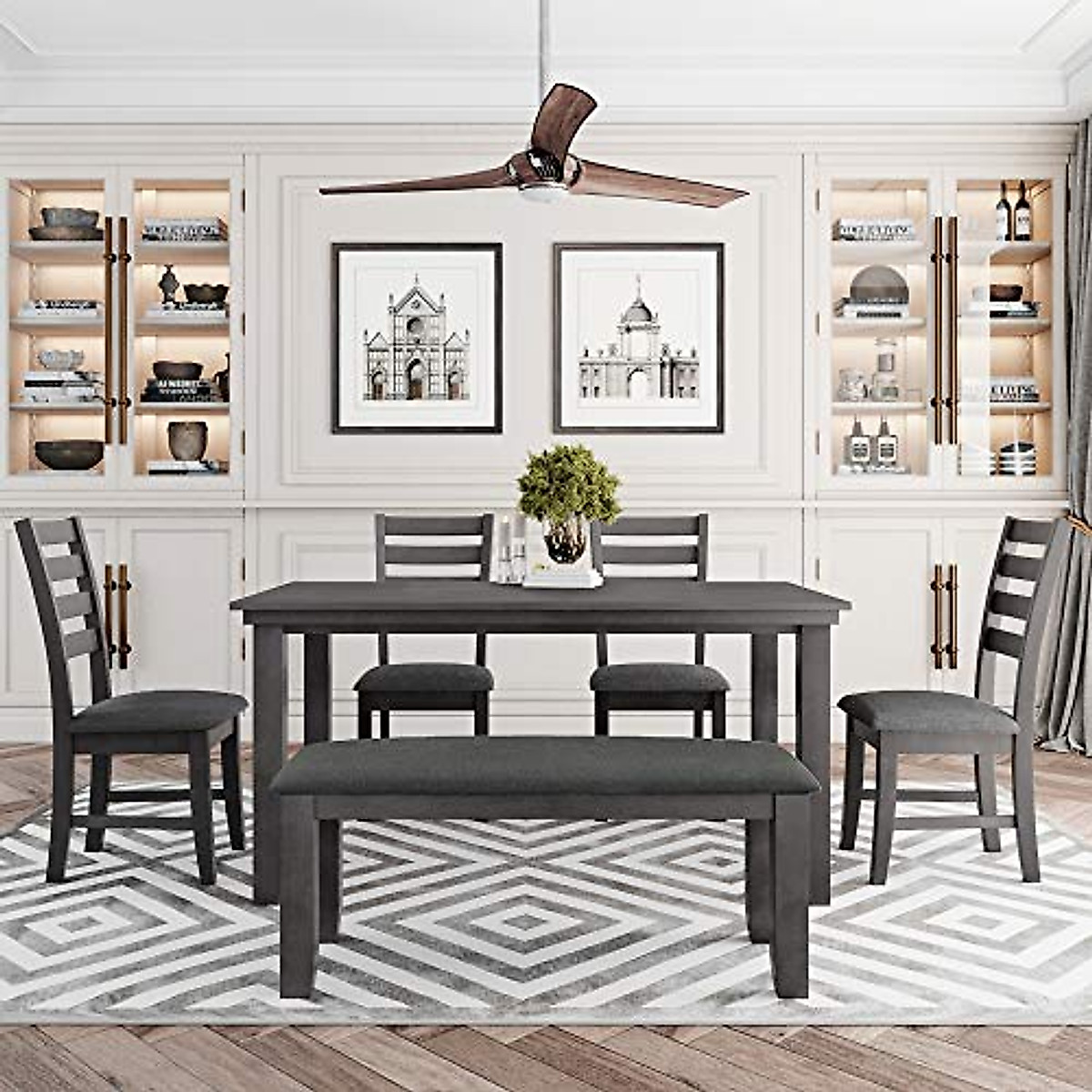 GLORHOME Piece Kitchen Dining Set for 6, Farmhouse Rustic Style Rectangular Wood Table and 4 Chairs 1 Bench with Padded Cushion for Family, Gray, Dark Grey