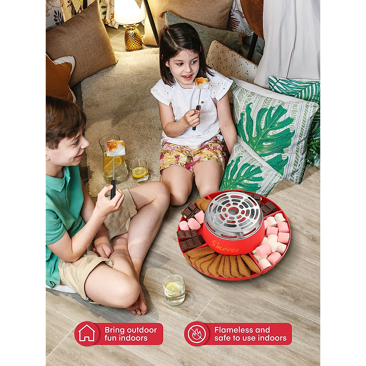 FOHERE Smores Maker Tabletop Indoor, Flameless Electric Marshmallow Roaster with 4 Detachable Trays & 4 Roasting Forks, Movie Night Supplies & Housewarming Gift, Red