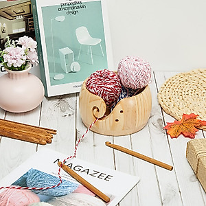 Wooden 6 x 6 x 3 Inch Yarn Bowl Crocheting Bowl Round Knitting Wool Storage Yarn Bowl Handmade with Holes 12 Pieces Crochet Hooks for Crocheting Knitting DIY Crafts Tools (Natural Color)