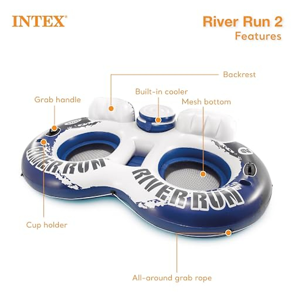Intex River Run II Inflatable Double Rider Inntertube with Built-in Cooler and Cupholders with River Run I Single Floating Water Rafts (2 Pack)
