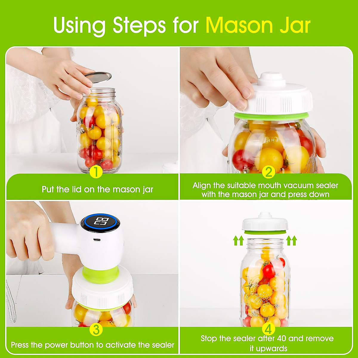 Electric Mason Jar Vacuum Sealer, 6 in 1 Vacuum Sealer Kit for Jars Compatible with Vacuum Bag/Vacuum Seal Containers, Wide Mouth and Regular Mouth Canning Lid Machine for Food Storage