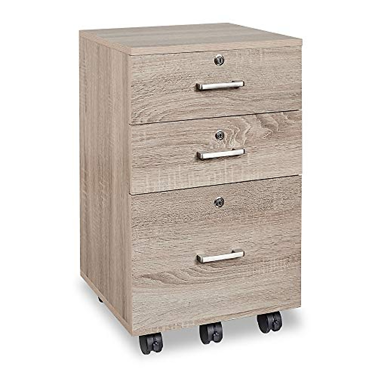 Bonnlo Upgraded 3-Drawer Rolling Wood File Cabinet with Lock, Mobile Filing Cabinet for Home Office, Under Desk File Cabinet for Hanging Letter Size Documents, Assembly Required, Oak, 26” H