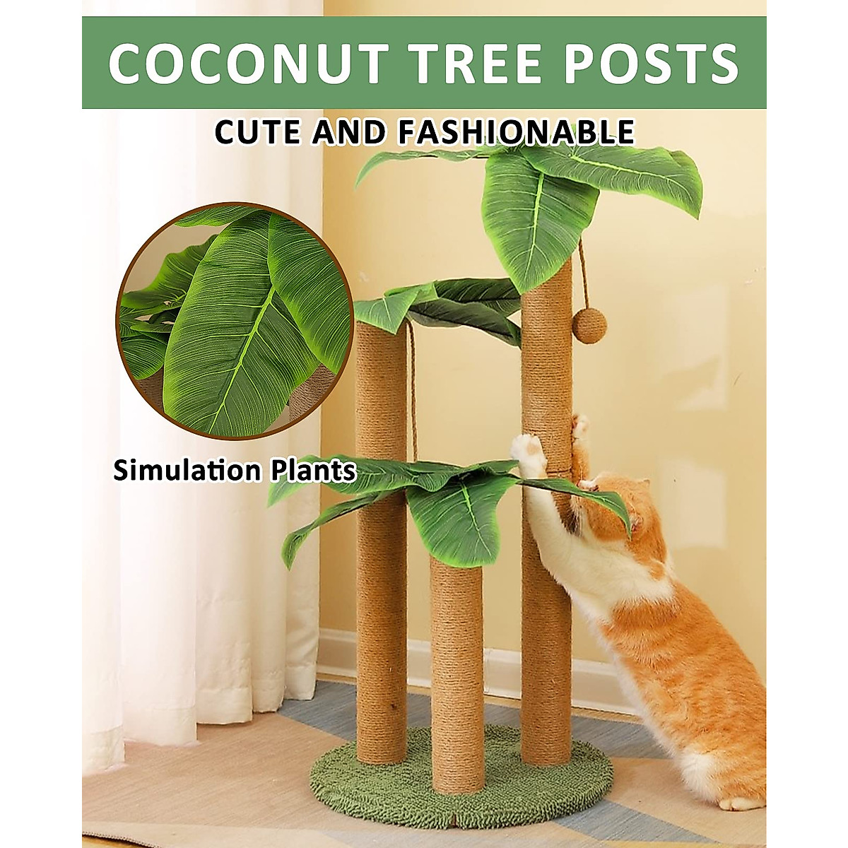 BNOSDM 35" Tall Cat Scratching Posts for Adult Cats Coconut Tree 3 Sisal Rope Claw Scratcher Dangling Ball Kitten Scratch Post Kitty Activity Center for Indoor Outdoor Cats Kittens