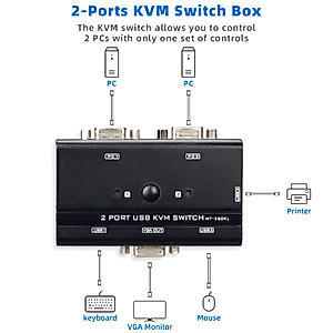 VGA USB KVM Switch, 2 Port VGA KVM Switcher Selector with Cables for 2PC Sharing 1 Video Monitor and 3 USB Devices Keyboard Mouse Printer Scanner