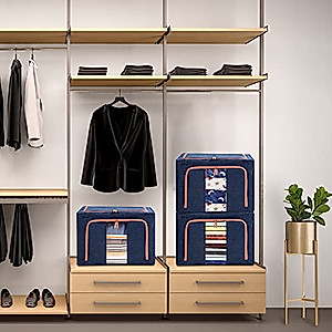 Tasmegol 4 Pack Stackable Steel Metal Frame Clothes Storage Bins Foldable Zipper Cloth Box Clothing Bags Large Clear Window Closet Containers Organizer for Bedding Sweater