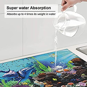 Marine Life Printed Drying Mat For Kitchen Ultra Absorbent Microfiber Dishes Drainer Mats Non-Slip Silicone Quick Dry Pad - 18 X 16inch
