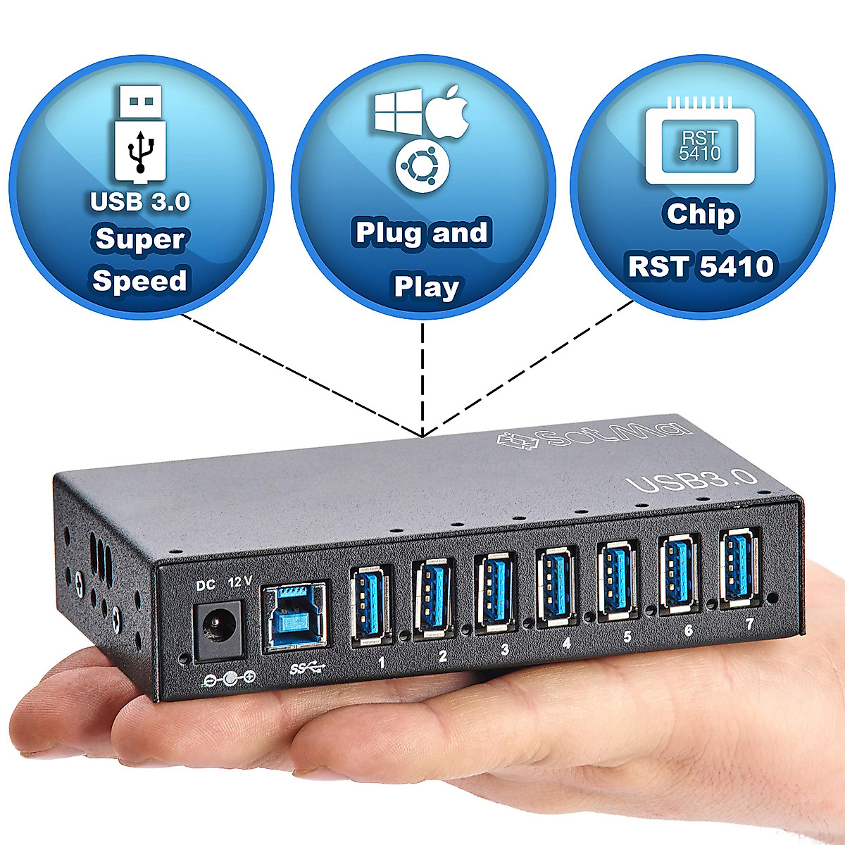 USB 7 Port Hub - Powered USB 3.0 Hub - Aluminum USB Hub -USB Splitter Hub 12V 3A 36W Power Adapter