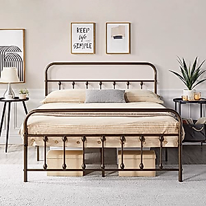 Yaheetech Classic Metal Platform Bed Frame Mattress Foundation with Victorian Style Iron-Art Headboard/Footboard/Under Bed Storage No Box Spring Needed Bronze Full Size