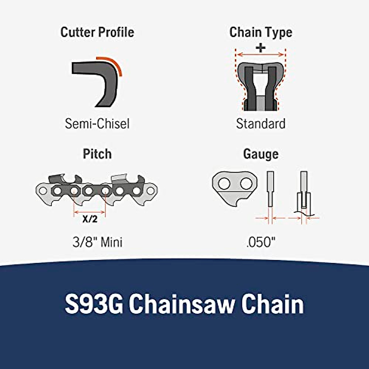Husqvarna X-Cut S93G 12 Inch Chainsaw Chain, 3/8" Mini Pitch, .050" Gauge, 45 Drive Link Chainsaw Blade Replacement, Pre-Stretched and Low Kickback, Gray
