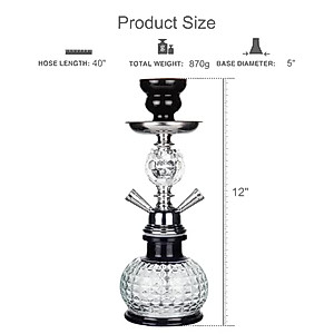 REANICE 12" Handmade Glass Water Shisha Portable Hookah Set with 2 Hose and Hookah Accessories (Black)