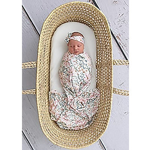 Vollmic Newborn Baby Girl Receiving Blanket Swaddle Blanket Stretchy Knit Swaddle Set with Matching Headband (Golden Flower)