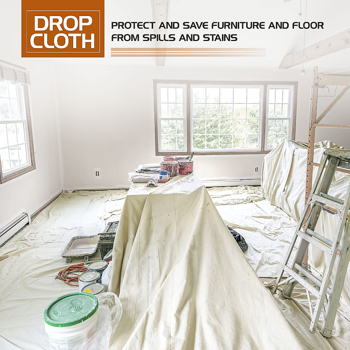 Utopia Drop Cloth for Painting (9x12 ft, 1 Pack) Washable and Reusable Canvas Fabric for Furniture & Floor Protection Highly Absorbent Paint Cover - Duck Dropcloth for Outdoor and Indoor Use