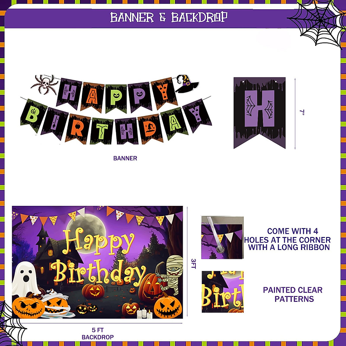 Fiesec Halloween Birthday Party Decorations, Halloween Themed Birthday Party Decorations Backdrop Happy Birthday Banner Balloon Garland Tablecloth Cake Topper Spider Ghost Purple Black Orange