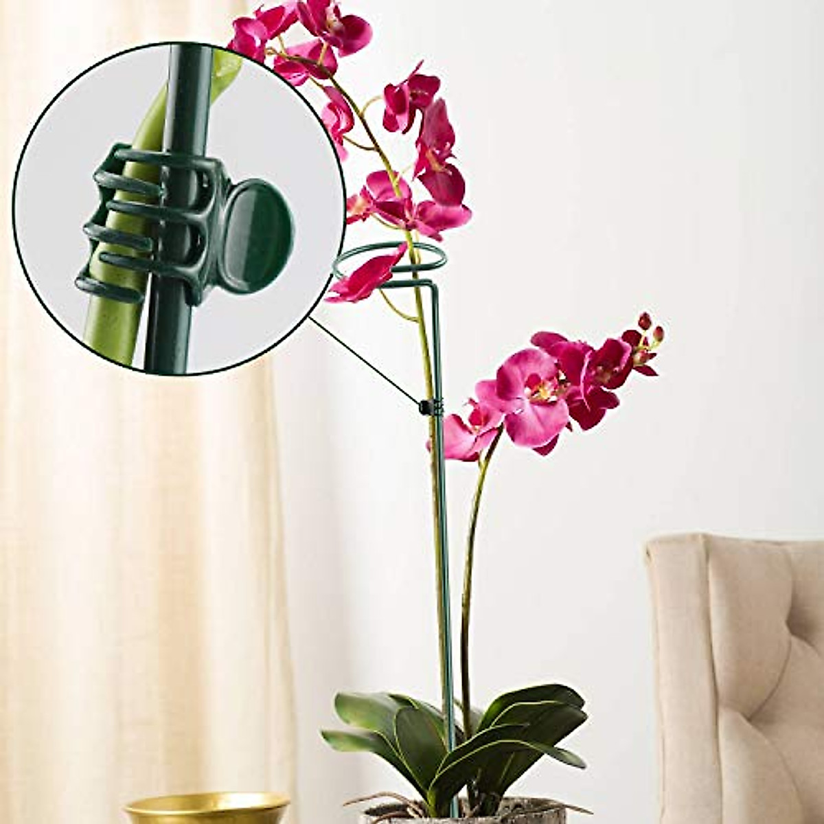 Dreecy 6 Pack 16 Inch Orchid Support Stakes with 12 Pcs Clips, Sturdy Metal Floral Flower Support Garden Single Stem Plant Stakes for Amaryllis Orchid Tomatoes Lily Rose Peony,Dark Green