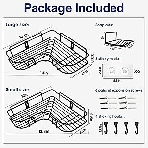 ADORAMOUR Corner Shower Caddy Set -2 Pack Bathroom Organizer with Soap Dish, Adhesive Storage Rack for Toiletries, Shower Shelf Drill-Free or Drilling Install Options Shampoo Holder, Black