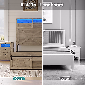 Hasuit Farmhouse Bed Frame Queen Size with LED Lights and Charging Station, 51.4" High Headboard with Storage Shelves and Rustic Country Queen Bed with Sliding Barn Door Storage Footboard, Rustic Oak