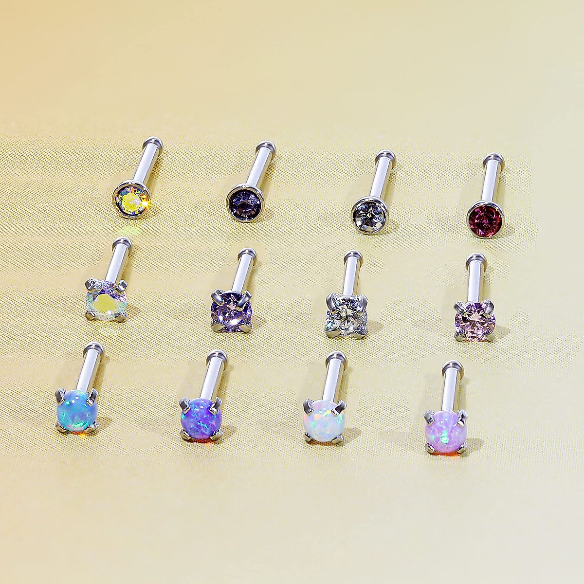 Hoeudjo 20G Opal Nose Rings Surgical Steel Nose Ring Studs Heart CZ Inlaid Piercing Jewelry for Women Men Girls 28 Pieces Bone Nose Rings