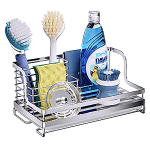 Consumest Sink Caddy, 5-in-1 Sponge Holder Kitchen Sink Caddy Organizer with Removable Drain Tray for Countertop, 304 Stainless Steel Soap Sponge and Dish Brush Holder - Silver (8.43×4.49×4.49 inches)
